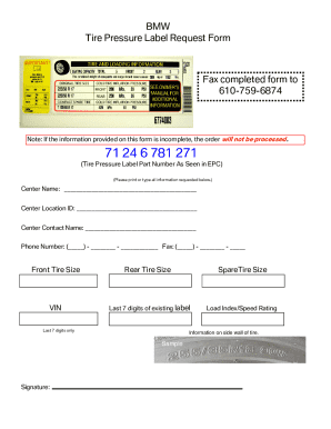Fillable Online Bmw Tire Pressure Label Request Form Fax Email Print ...