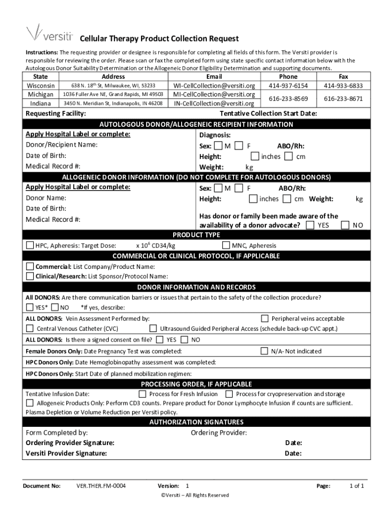 Fillable Online Cellular Therapy Product Collection Request Form Fax ...