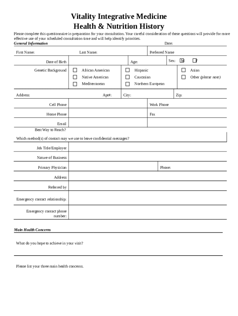 Health & Nutrition History Questionnaire Doc Template | pdfFiller