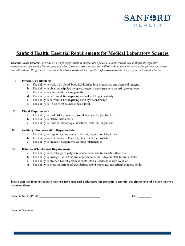 Fillable Online Sanford Health: Essential Requirements for Medical Laboratory Sciences Fax Email ...