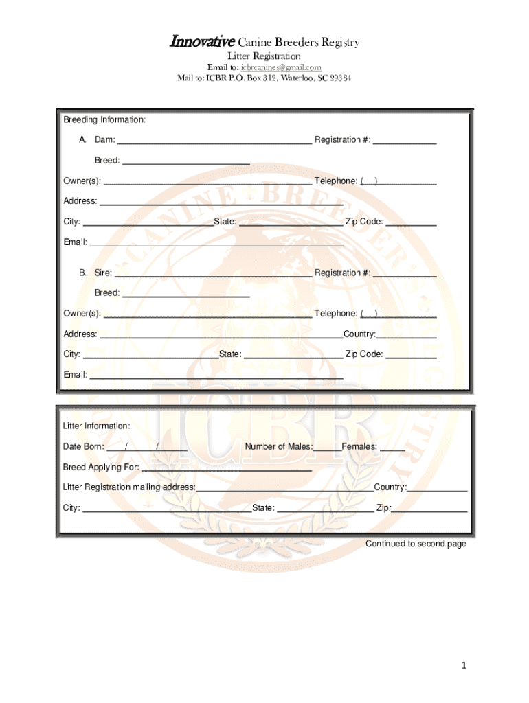 Fillable Online Innovative Canine Breeders Registry - Litter ...