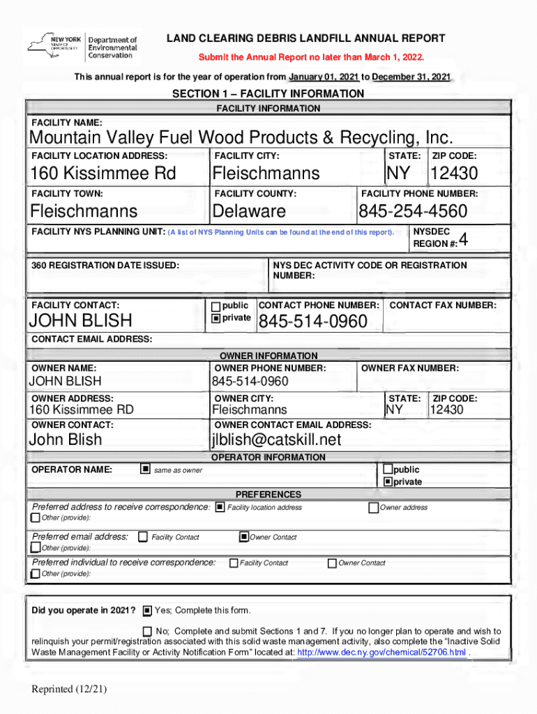 Fillable Online Mountain Valley Fuel Landfill Annual Report. Land ...