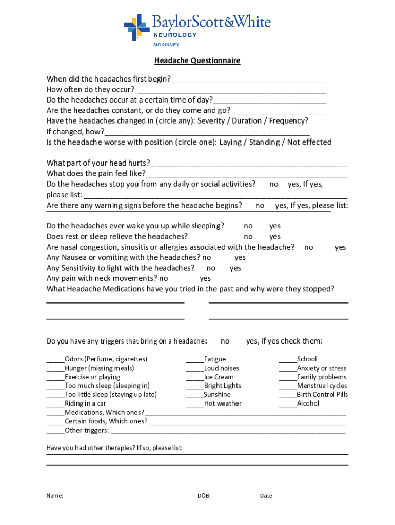 Fillable Online Headache Assessment Questionnaire Fax Email Print ...