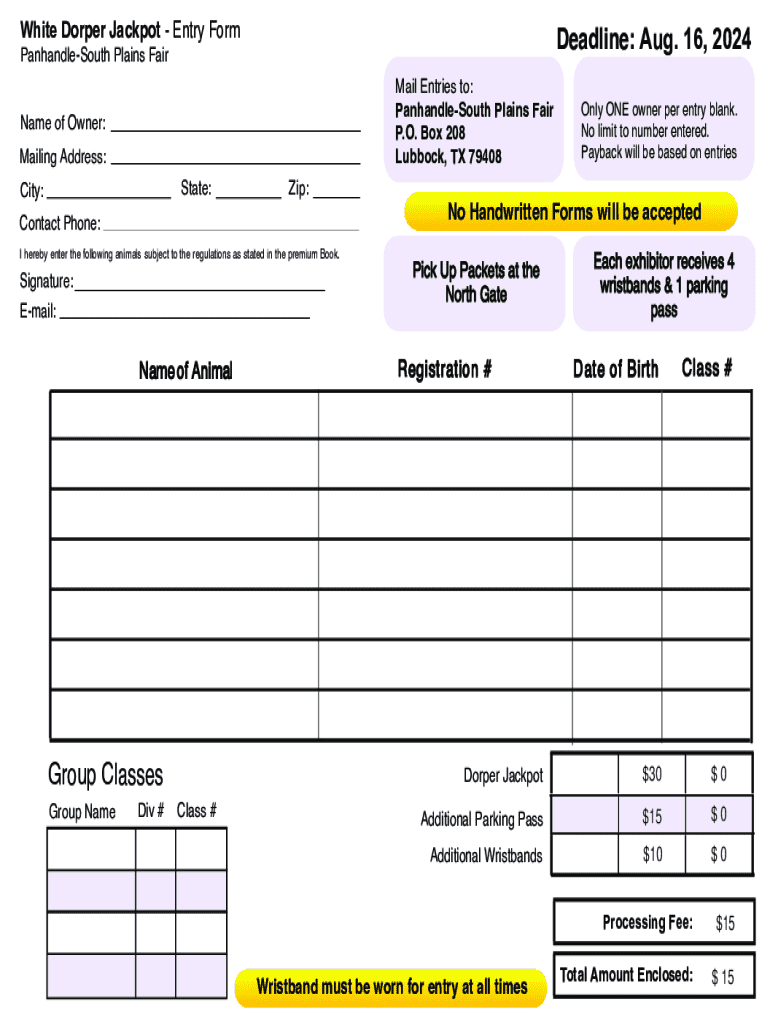 Fillable Online White Dorper Jackpot - Entry Form Fax Email Print ...