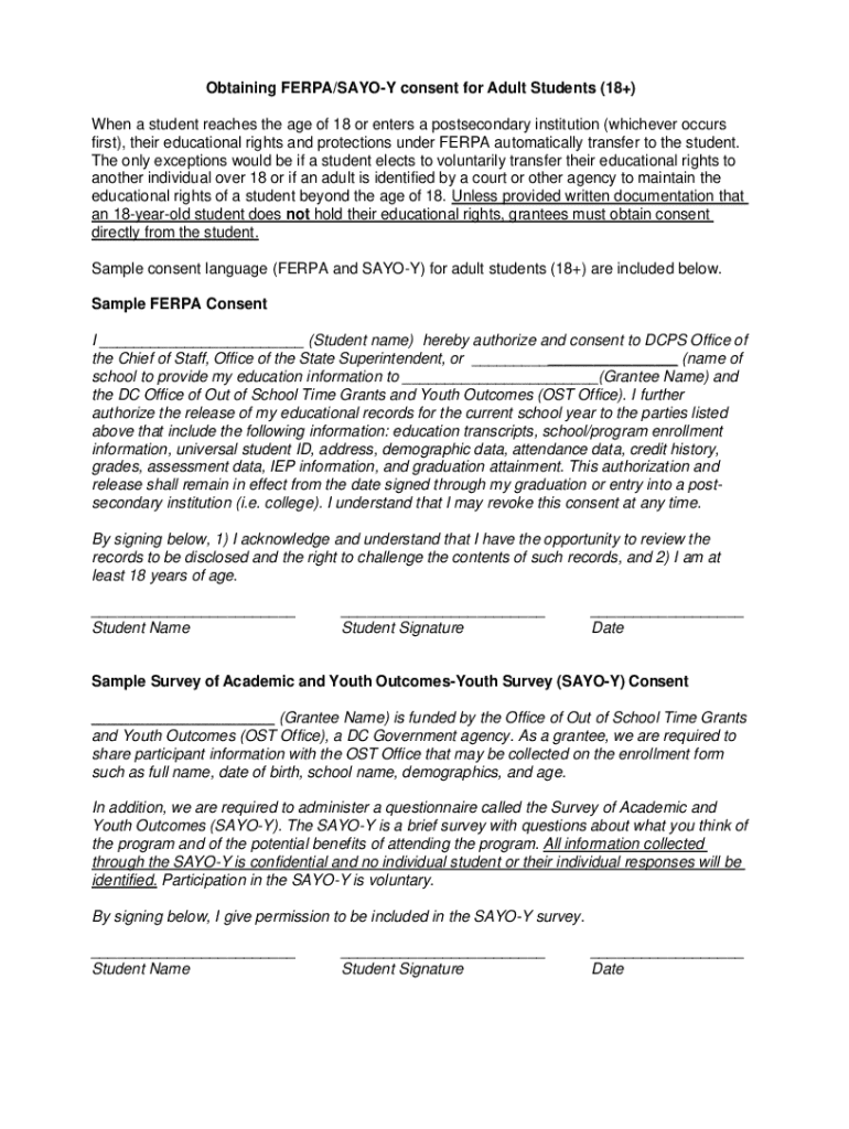 Fillable Online Obtaining Ferpa/sayo-y Consent for Adult Students (18+) Fax Email Print - pdfFiller