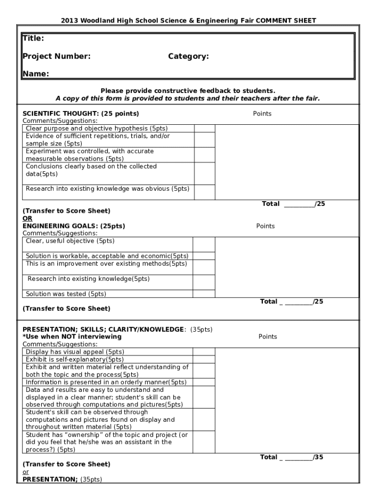 2013 Woodland High School Science & Engineering Fair Comment Sheet Doc ...