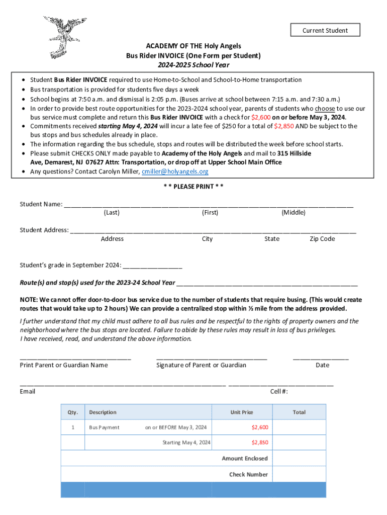 Fillable Online Academy of the Holy Angels Bus Rider Invoice 2024-2025 ...