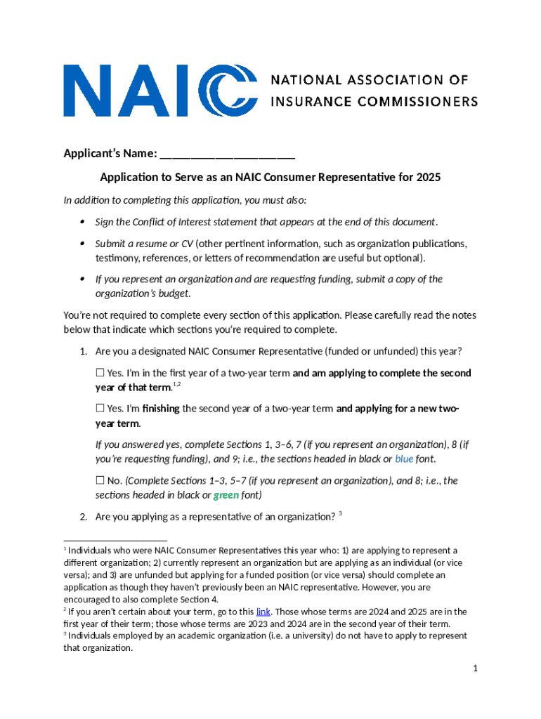 Naic Consumer Representative Application for 2025 Doc Template | pdfFiller