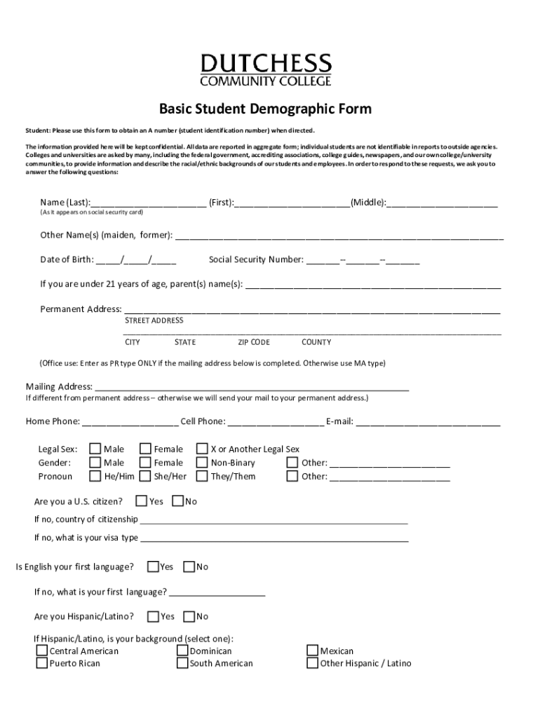 Fillable Online Basic Student Demographic Information Collection Fax ...