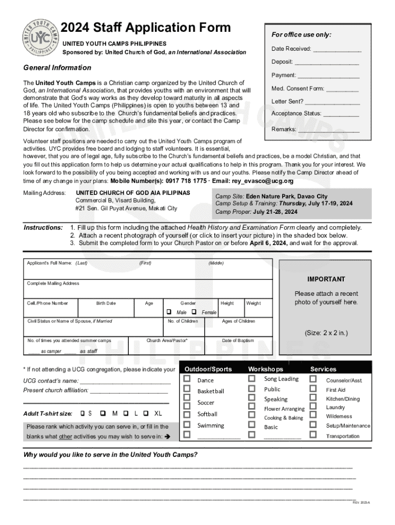 Fillable Online United Youth Camps Staff Application Fax Email Print - pdfFiller