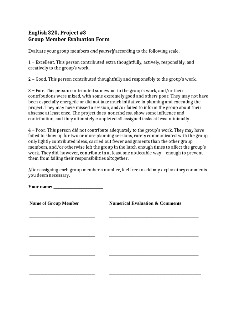 English 320, Project #3 Group Member Evaluation Doc Template | pdfFiller