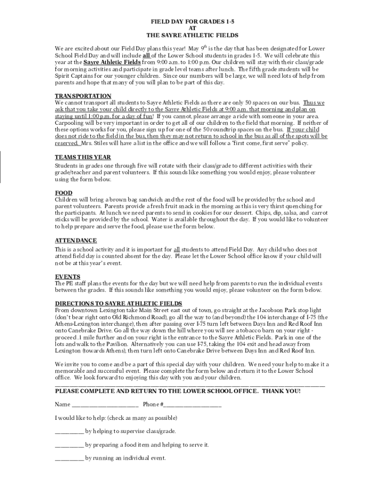 Fillable Online Lower School Field Day for Grades 1-5 Fax Email Print ...