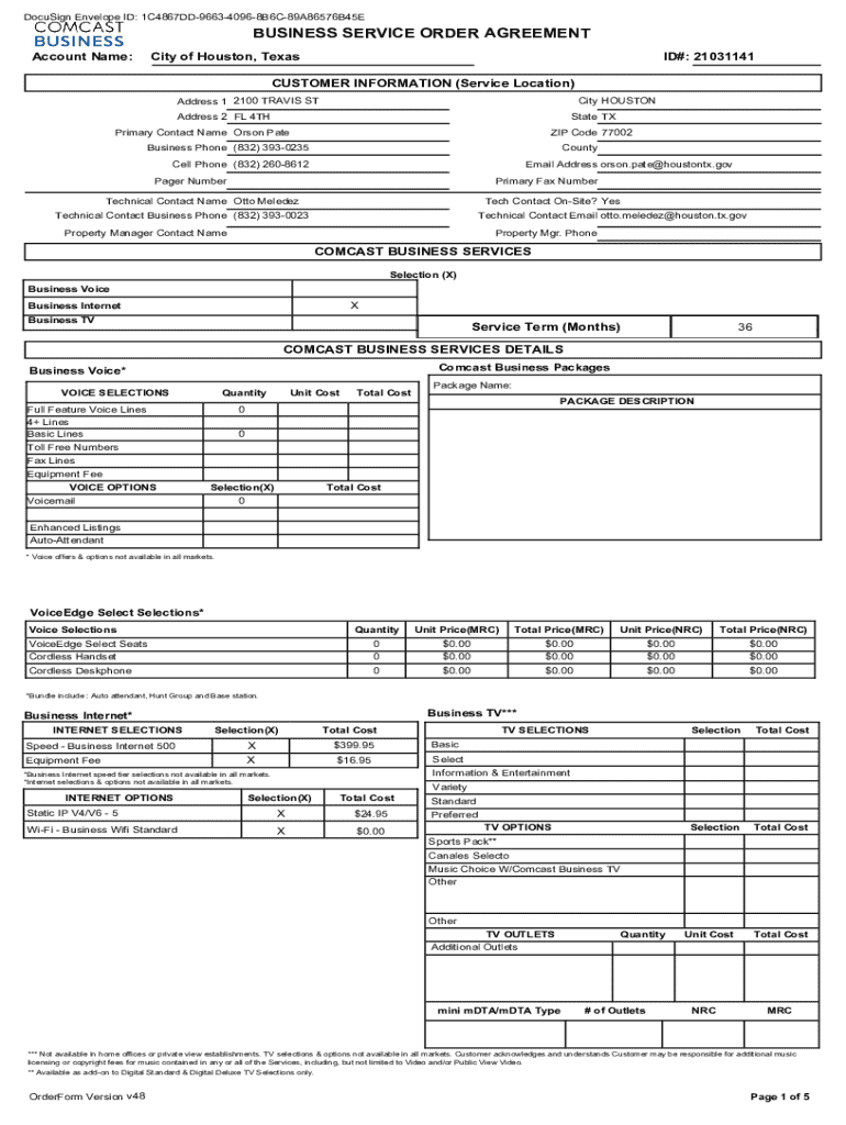 Fillable Online Comcast Business Service Order Agreement Fax Email ...