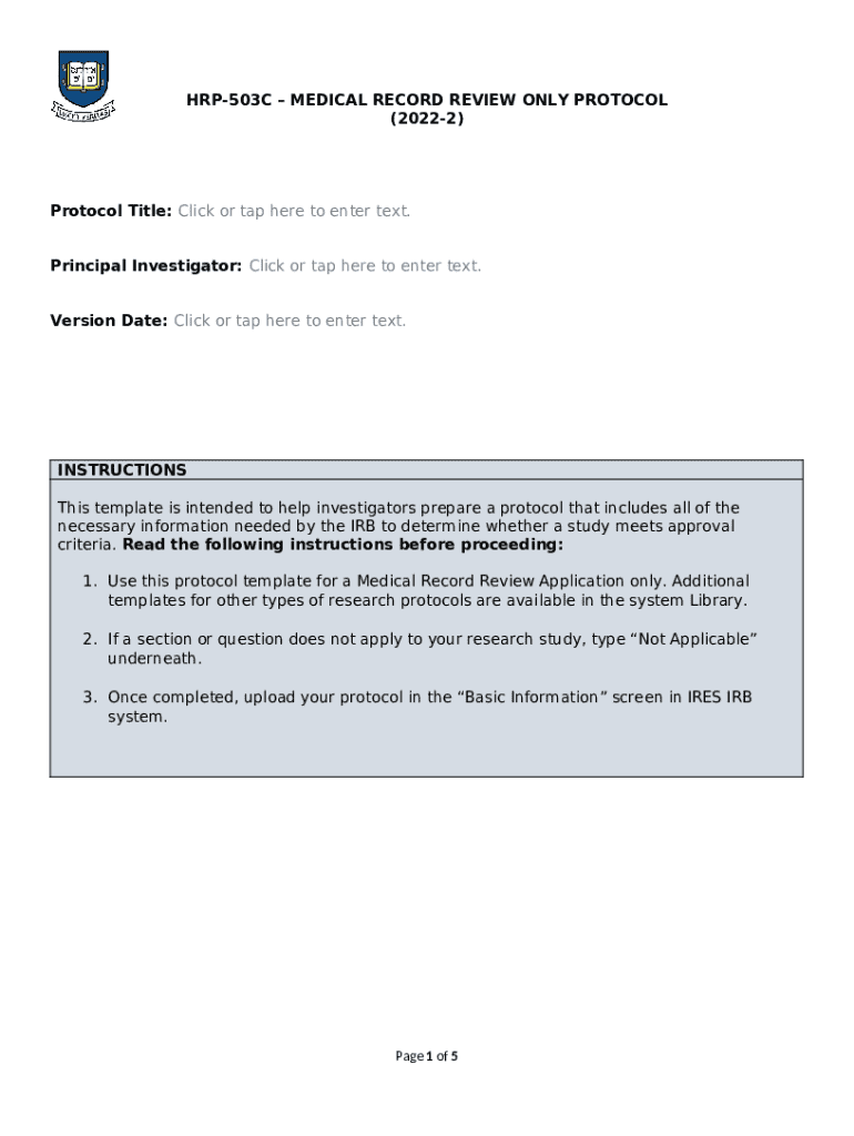 Hrp-503c – Medical Record Review Only Protocol Doc Template | pdfFiller