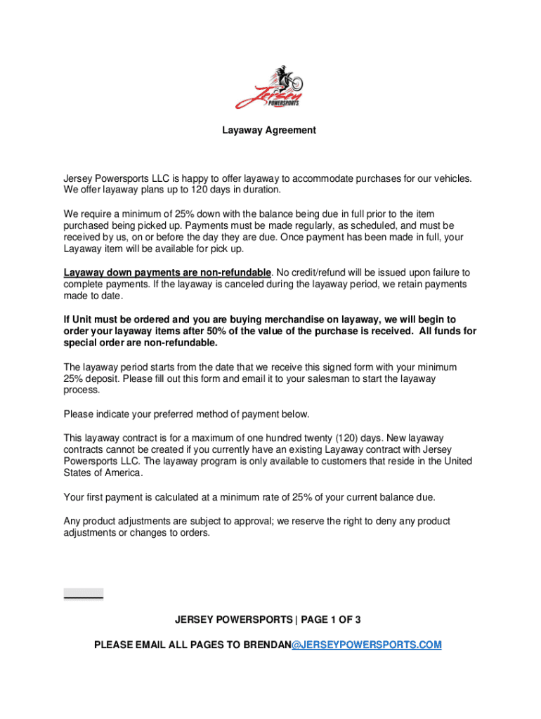 Fillable Online Jersey Powersports Llc Layaway Agreement Fax Email ...