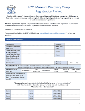 2021 Museum Discovery Camp Registration Packet Doc Template | pdfFiller
