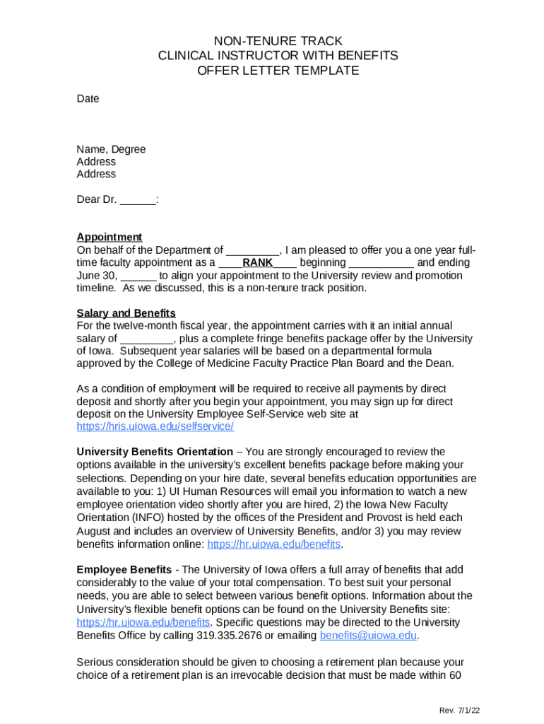 Non-tenure Track Clinical Instructor Offer Letter - medicine uiowa Doc ...