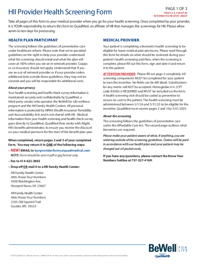 Fillable Online HII Provider Health Screening Form Fax Email Print ...