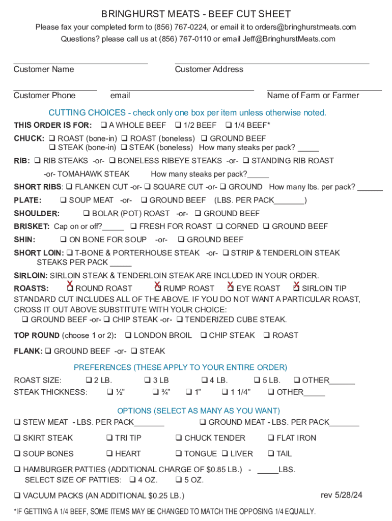 Fillable Online Bringhurst Meats - Beef Cut Sheet Fax Email Print ...