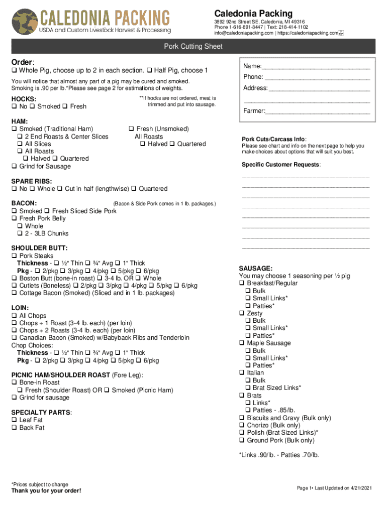 Fillable Online Caledonia Packing Pork Cutting Sheet Fax Email Print ...