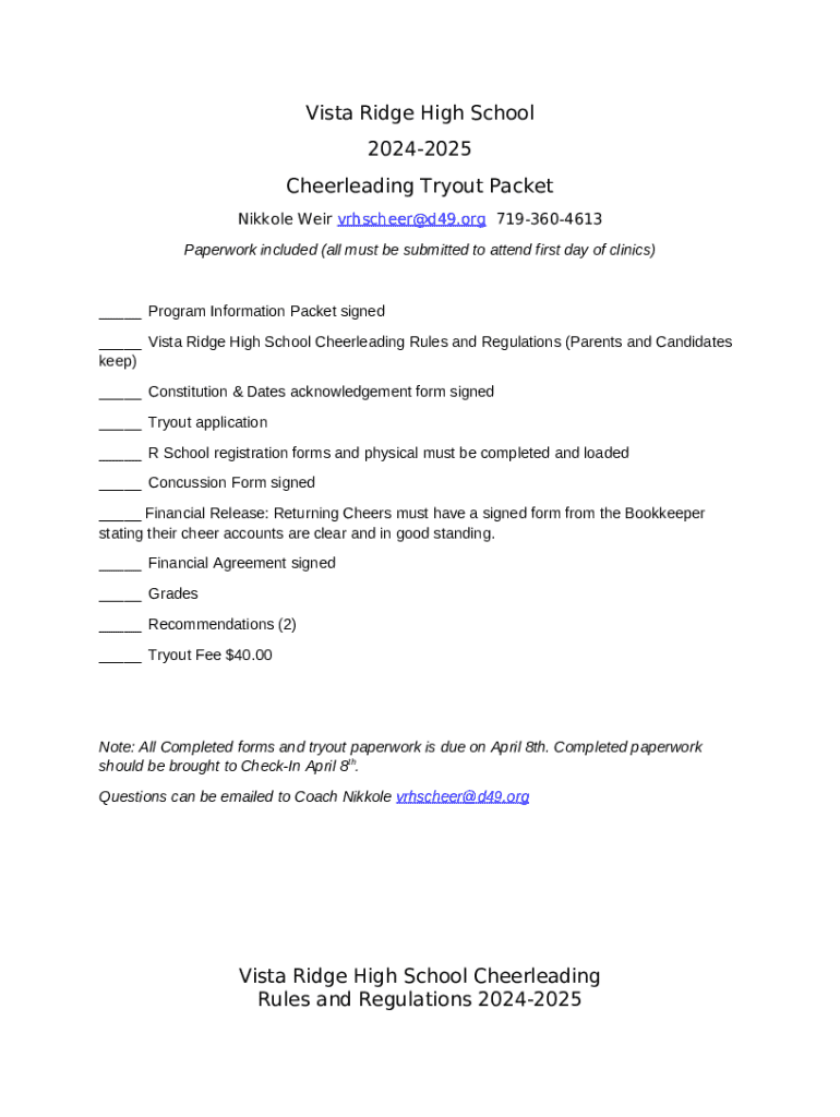 Vista Ridge High School Cheerleading Tryout Packet Doc Template | pdfFiller