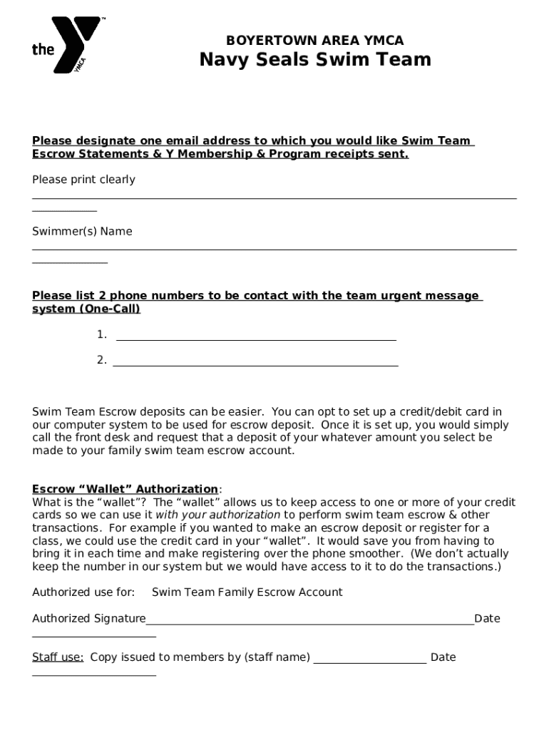 Ymca Swim Team Escrow Authorization Doc Template | pdfFiller