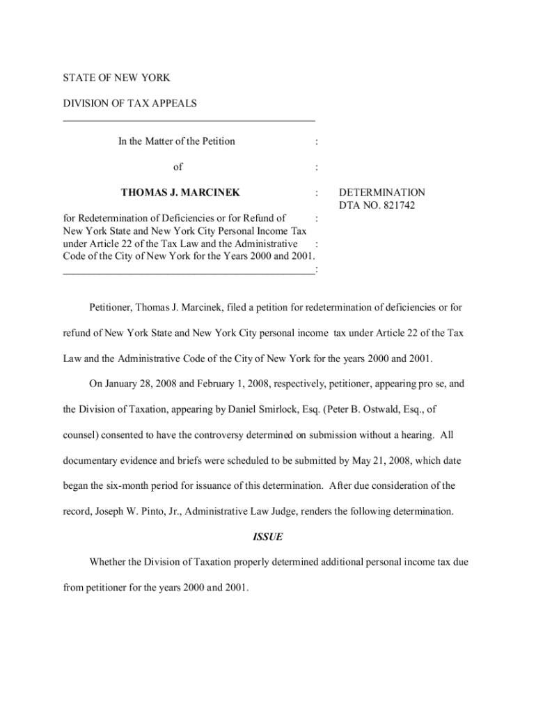 Fillable Online Determination of Personal Income Tax for Thomas J ...