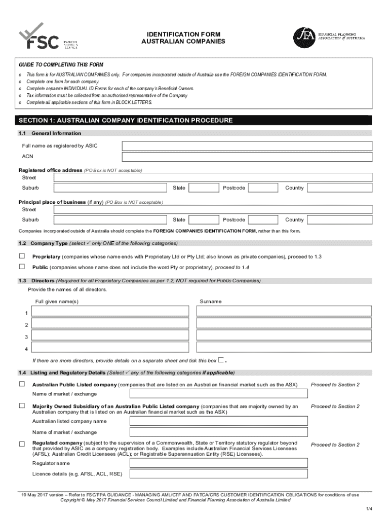 Fillable Online IDENTIFICATION FORM AUSTRALIAN COMPANIES ... Fax Email ...