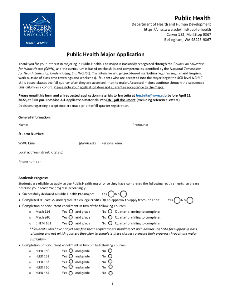 Fillable Online Application for Public Health Major Fax Email Print ...