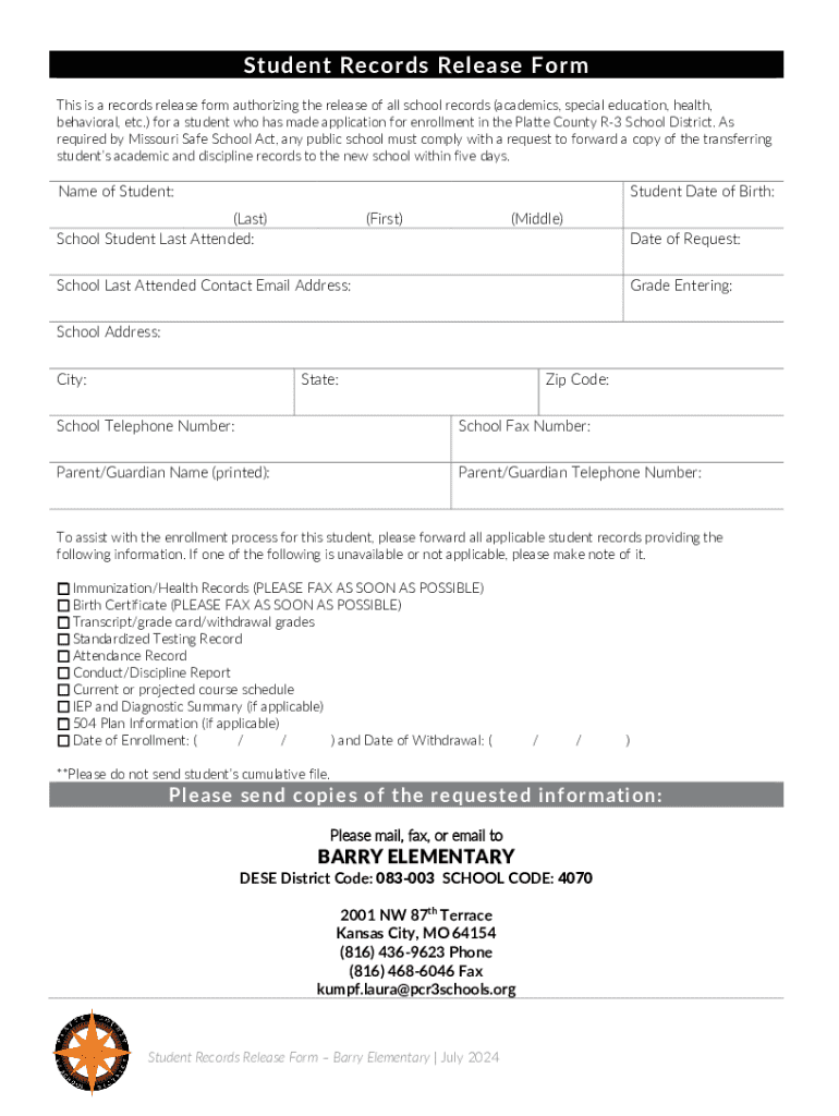 Fillable Online Student Records Release Form – Barry Elementary Fax ...