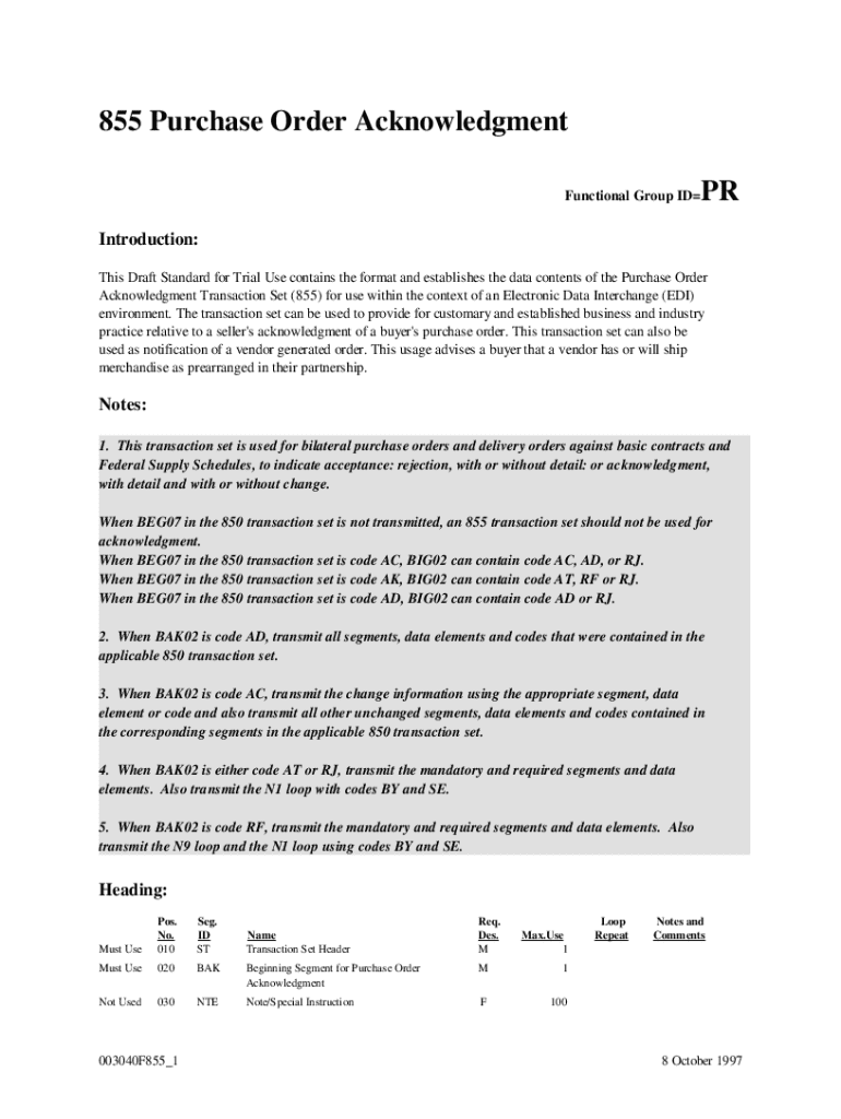 Fillable Online 855 Purchase Order Acknowledgment Draft Standard Fax ...