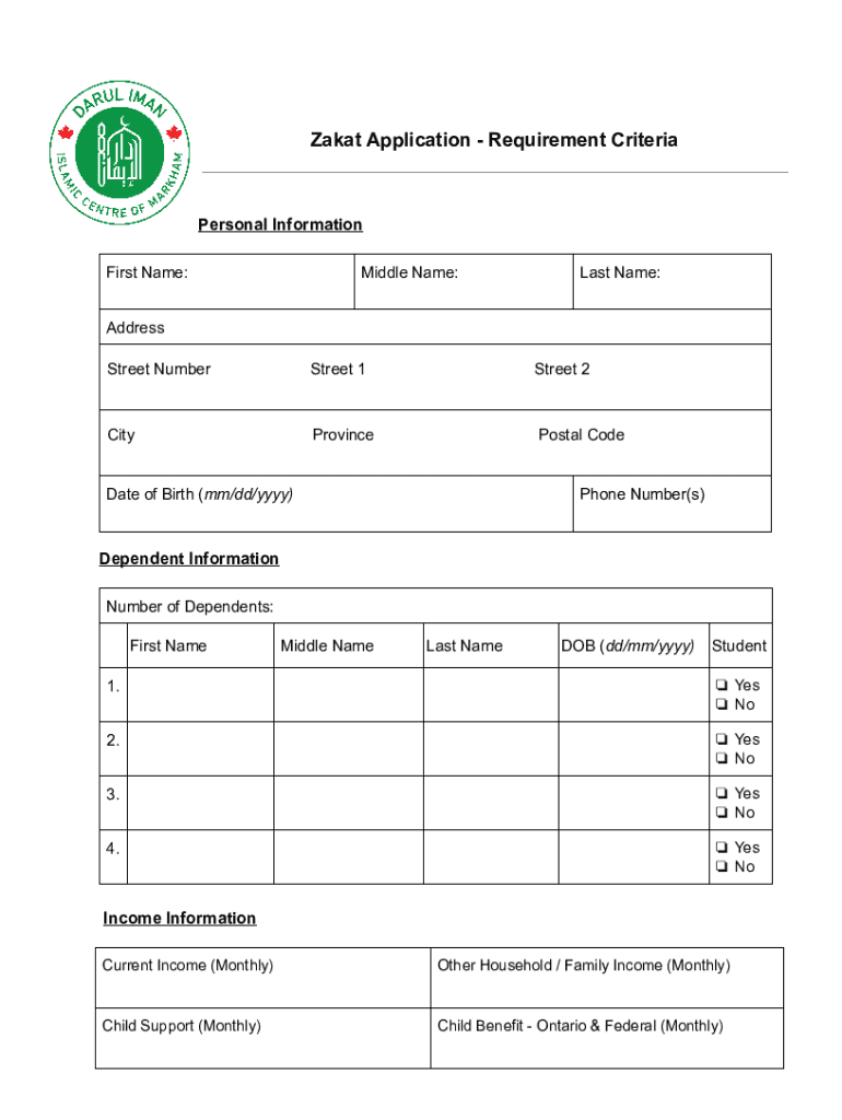 Fillable Online Zakat Application - Requirement Criteria Fax Email ...