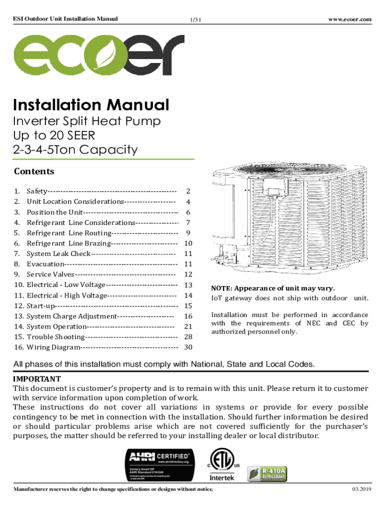 Fillable Online ESI (Ultra) R-410A Unitary Service Manual Fax Email ...