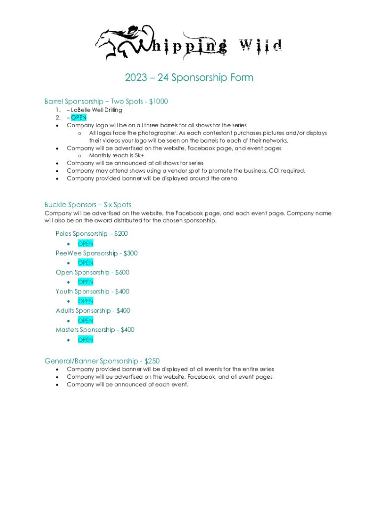 Fillable Online Sponsorship Opportunities for Whipping Wild Rodeo ...