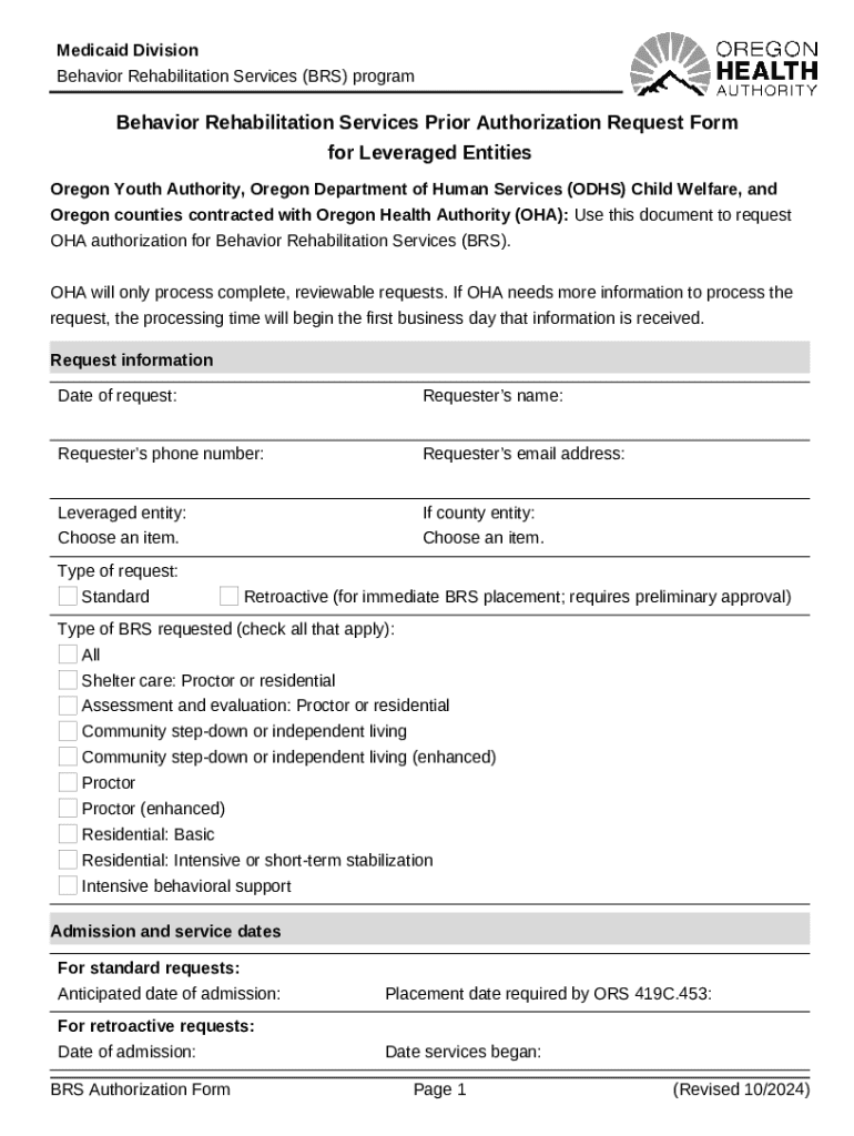 Behavior Rehabilitation Services Prior Authorization Request for Leveraged Entities Doc Template ...