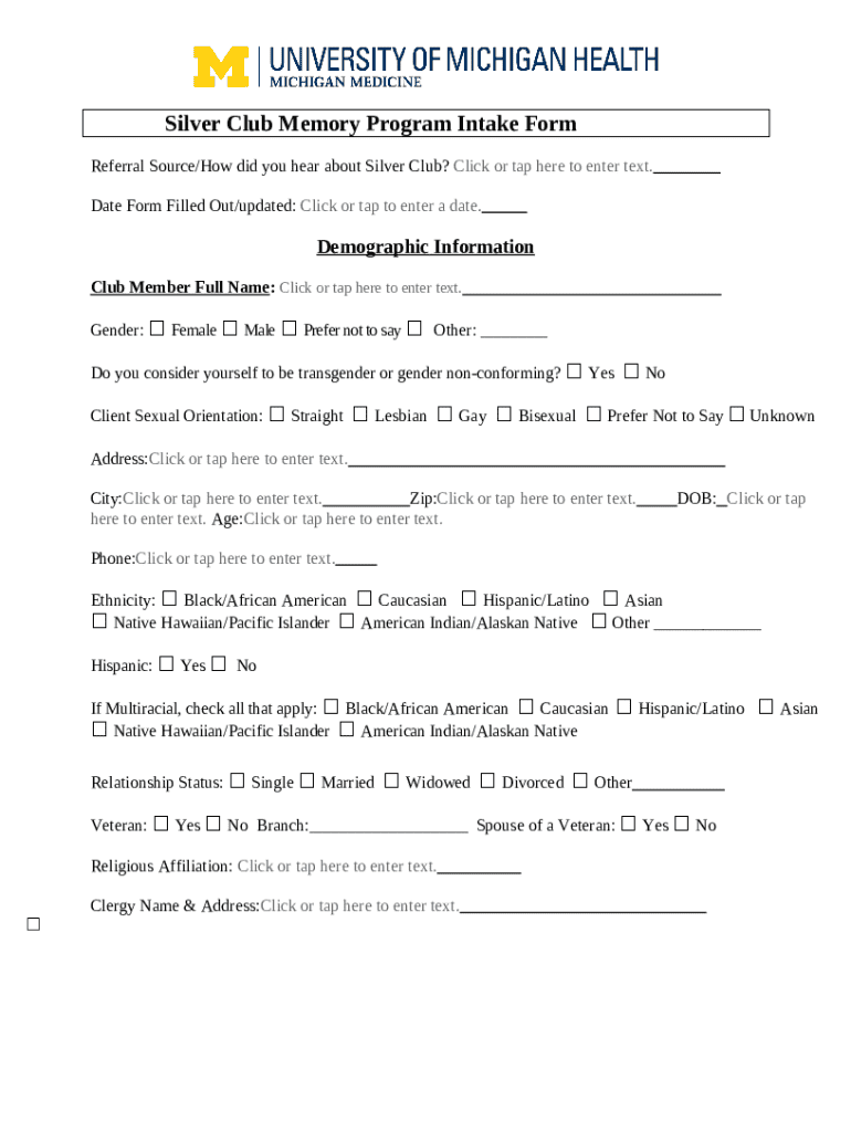 Silver Club Intake Doc Template | pdfFiller
