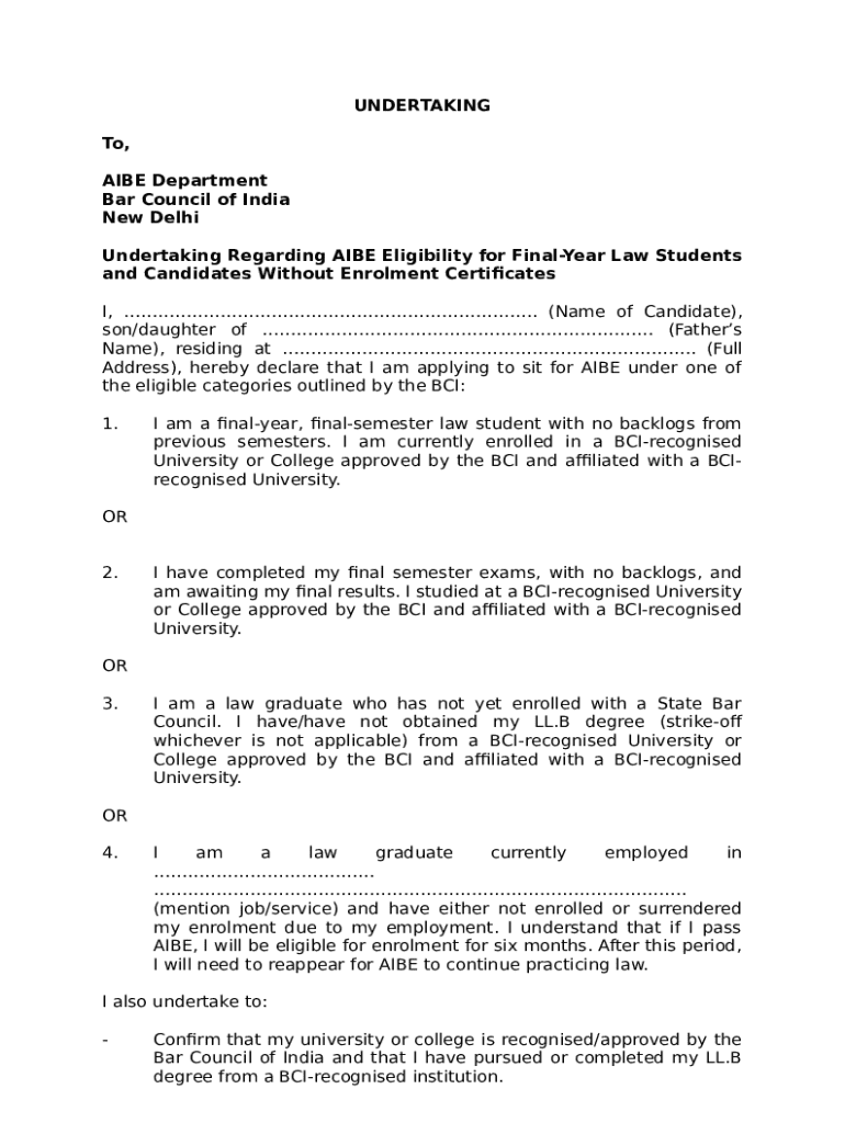 UNDERTAKING To, AIBE Department Bar Council of India ... Doc Template ...
