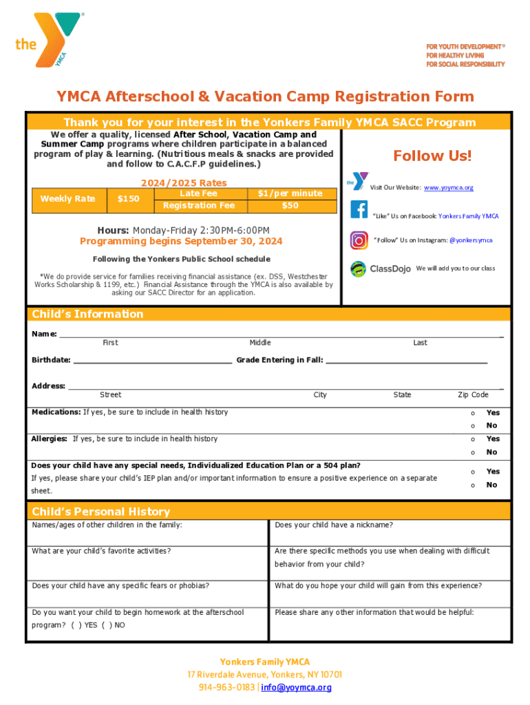 Fillable Online YMCA Afterschool & Vacation Camp Registration Form Fax ...
