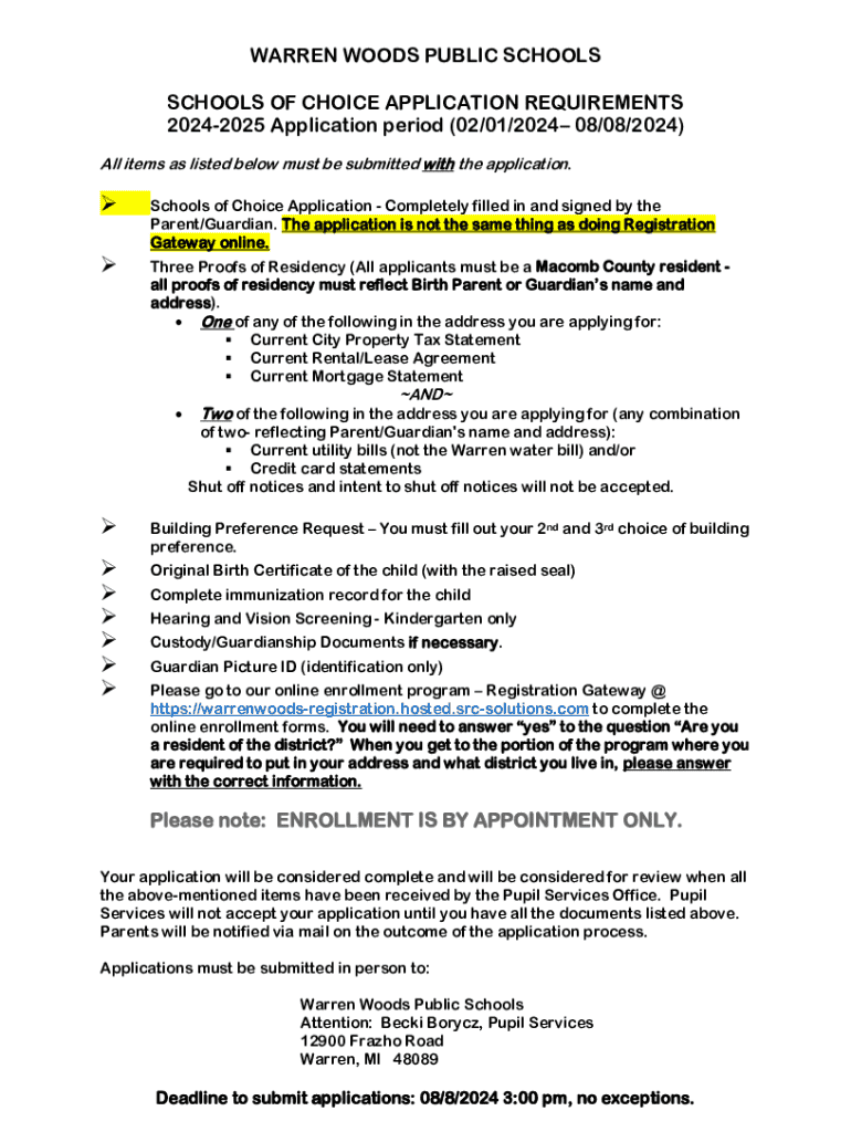 Fillable Online Warren Woods Public Schools Schools of Choice ...