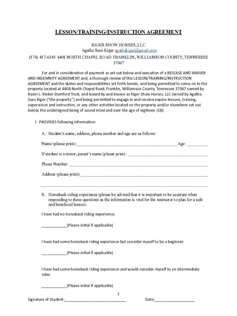 Fillable Online LESSON/TRAINING/INSTRUCTION AGREEMENT Fax Email Print ...