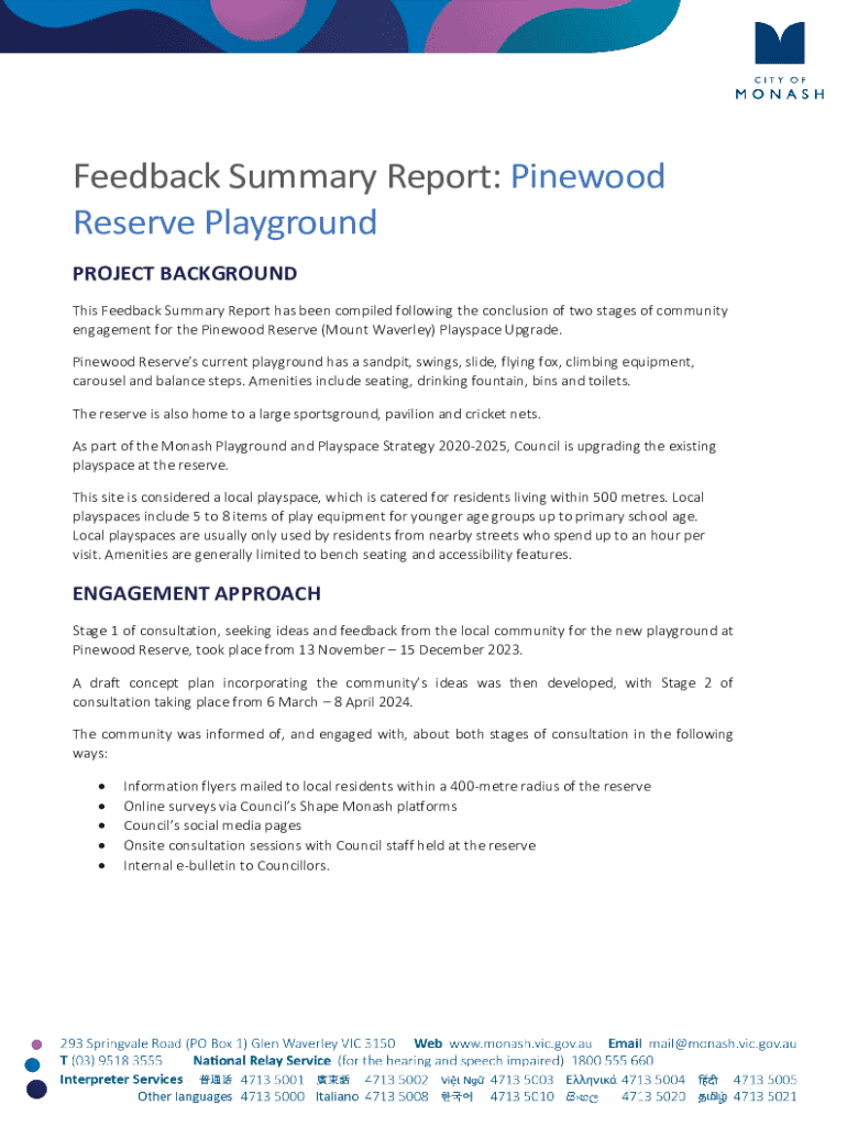 Fillable Online Feedback Summary Report for Pinewood Reserve Playspace ...