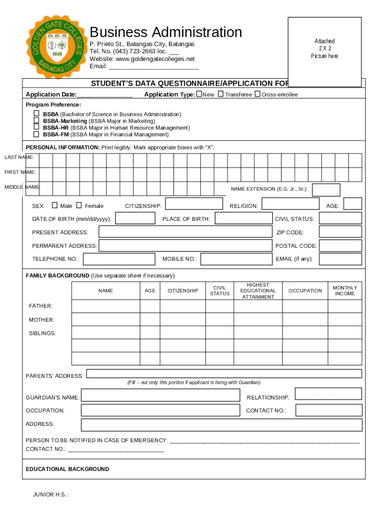 Student's Data Questionnaire/application Doc Template | pdfFiller