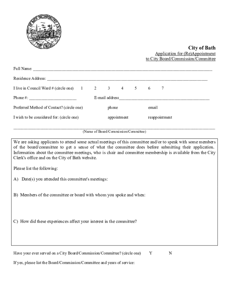 Fillable Online City of Bath Board/commission/committee Appointment ...