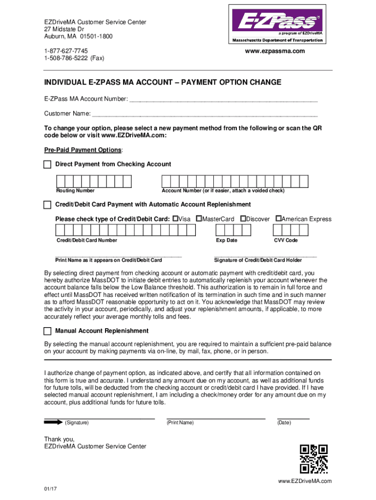 Fillable Online E-ZPass MA Toll Pass for Massachusetts and Other States ...