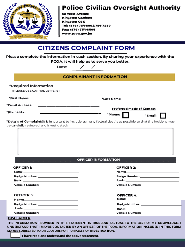 Fillable Online Police Civilian Oversight Authority - Citizens Complaint Form Fax Email Print ...