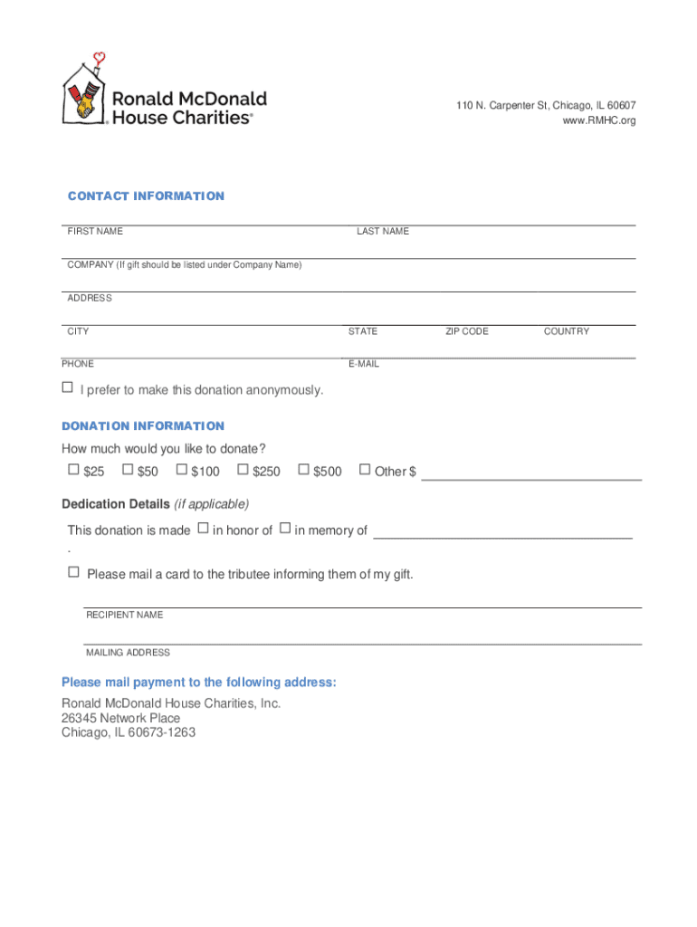 Fillable Online Ronald Mcdonald House Charities Donation Form Fax Email Print - pdfFiller