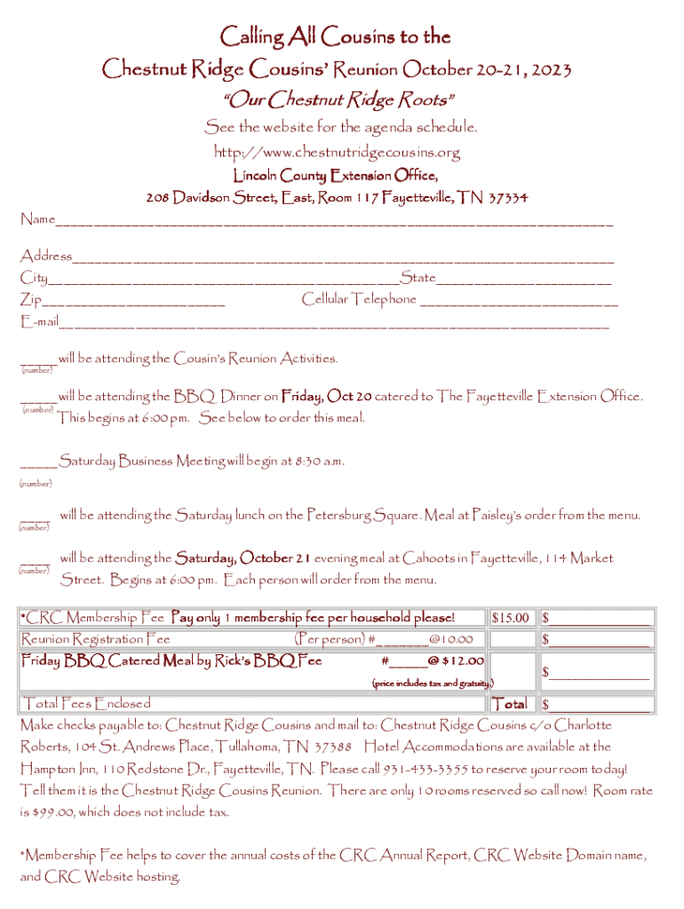 Fillable Online Chestnut Ridge Cousins' Reunion Invitation Fax Email ...
