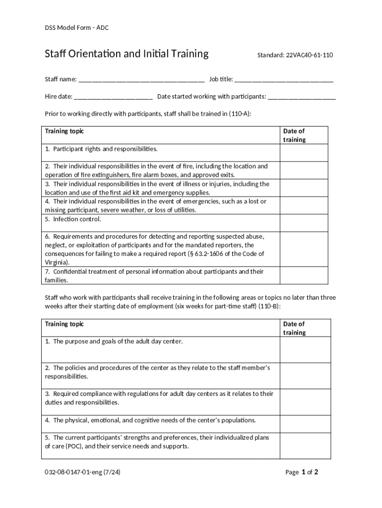 Staff Orientation and Initial Training Doc Template | pdfFiller