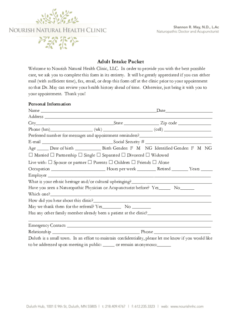 Fillable Online Nourish Natural Health Clinic Adult Intake Packet Fax ...