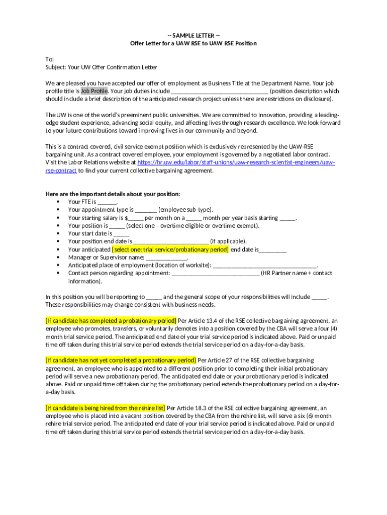Offer Letter for Uaw Rse Position Doc Template | pdfFiller